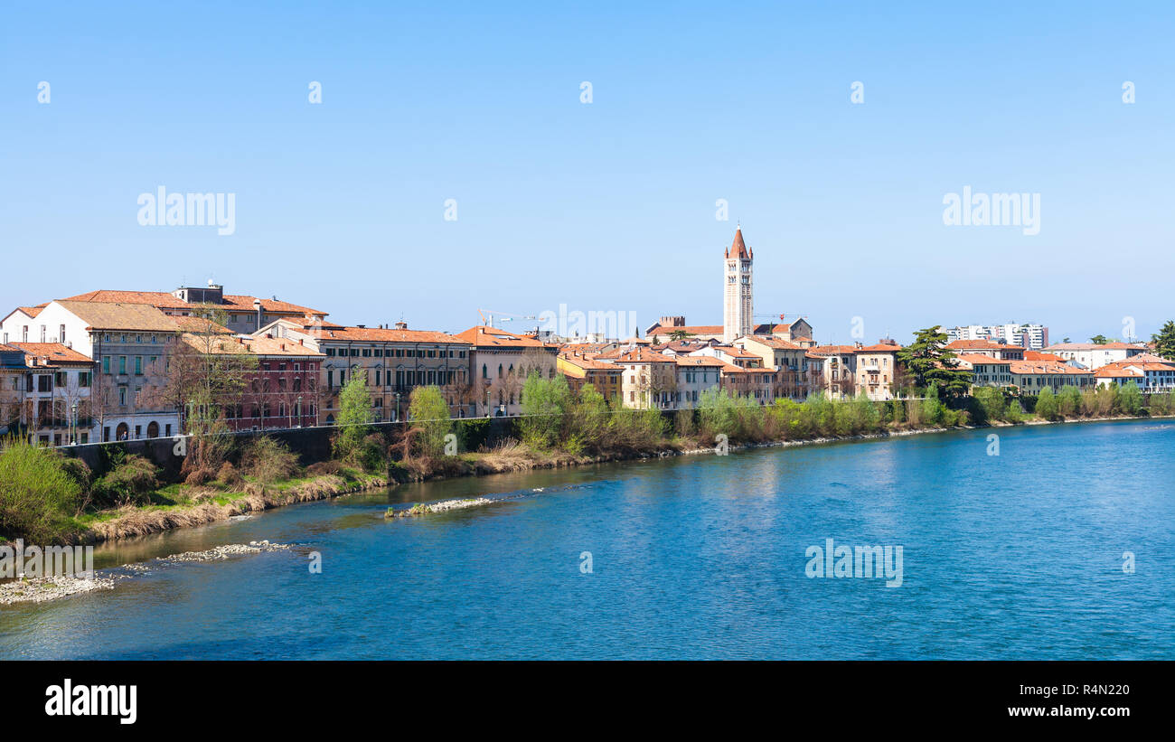 waterfront of Adige river in Verona city in spring Stock Photo - Alamy