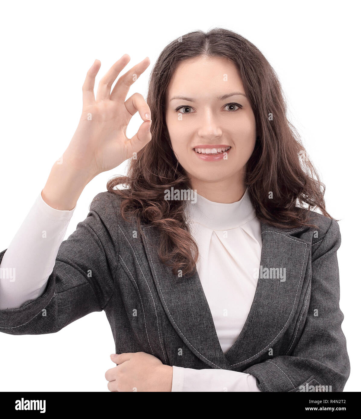 modern business woman showing OK sign. isolated on white background ...
