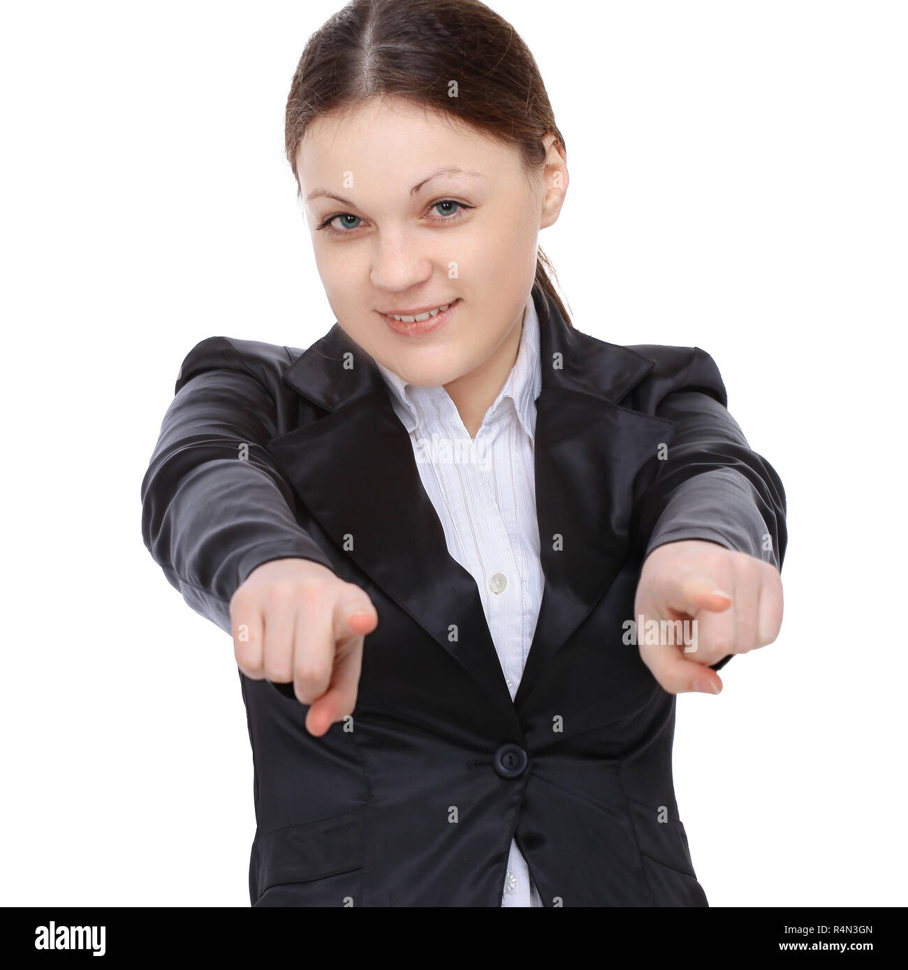 young woman employee pointing his arms forward Stock Photo - Alamy