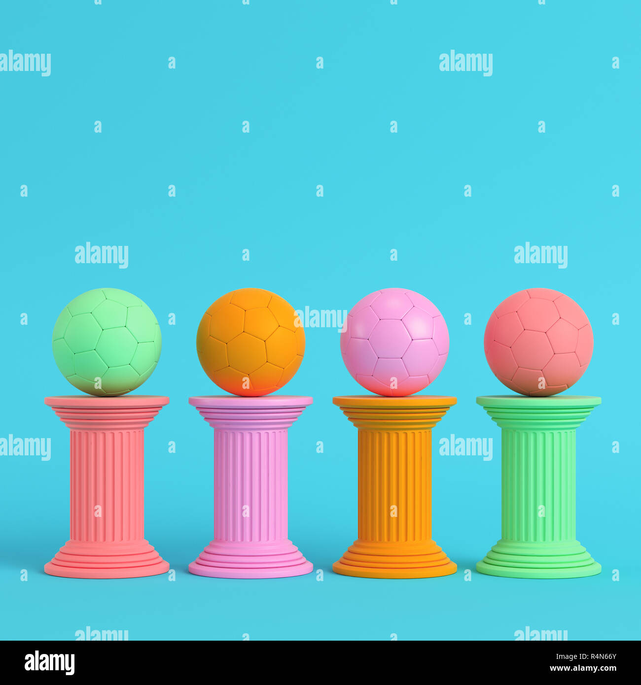 Four colorful columns with soccer ball on bright blue background in ...