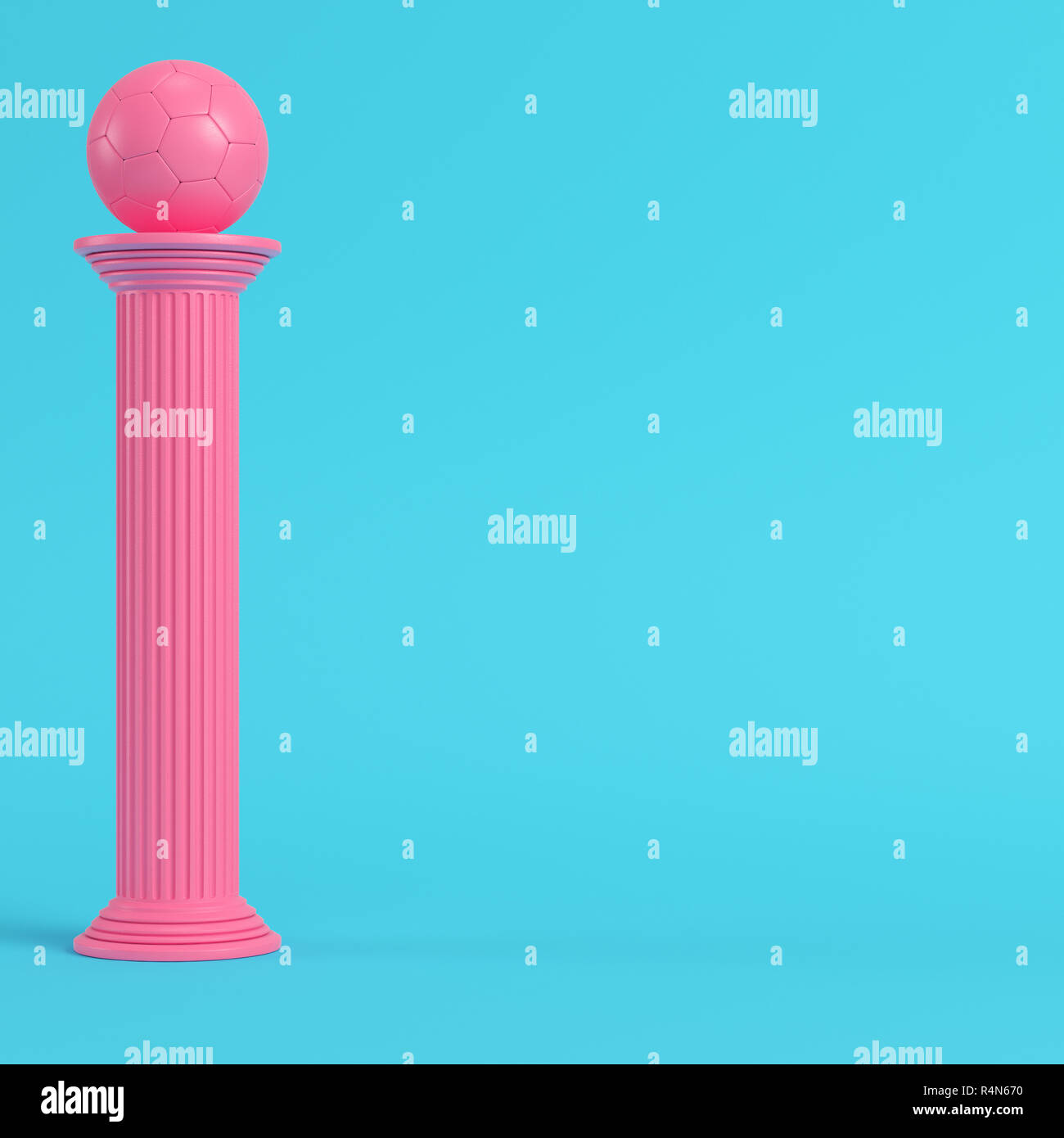 Pink column with soccer ball on bright blue background in pastel colors ...