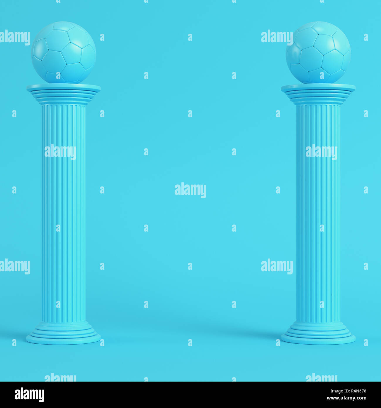 Columns with soccer ball on bright blue background in pastel colors ...