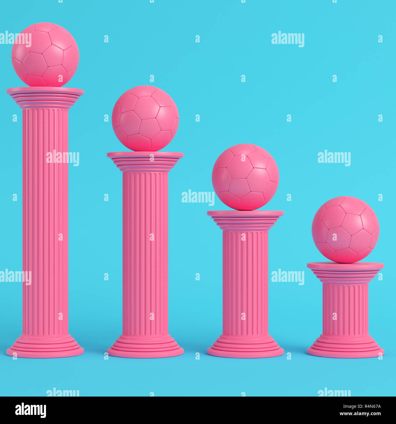 Pink column with soccer ball on bright blue background in pastel colors ...
