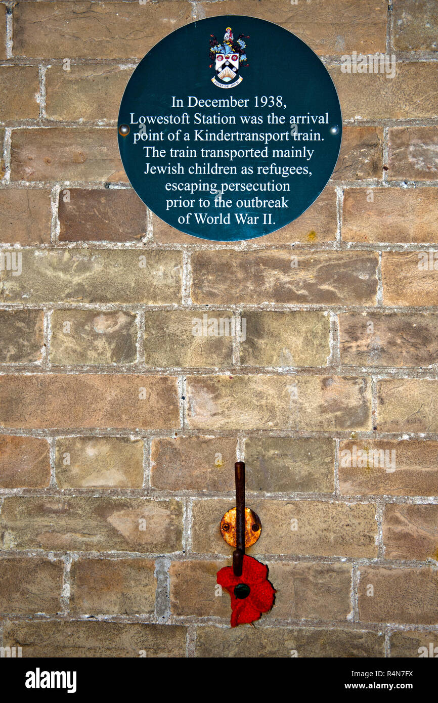 The blue metal plaque at Lowestoft railway station commemorating the ...