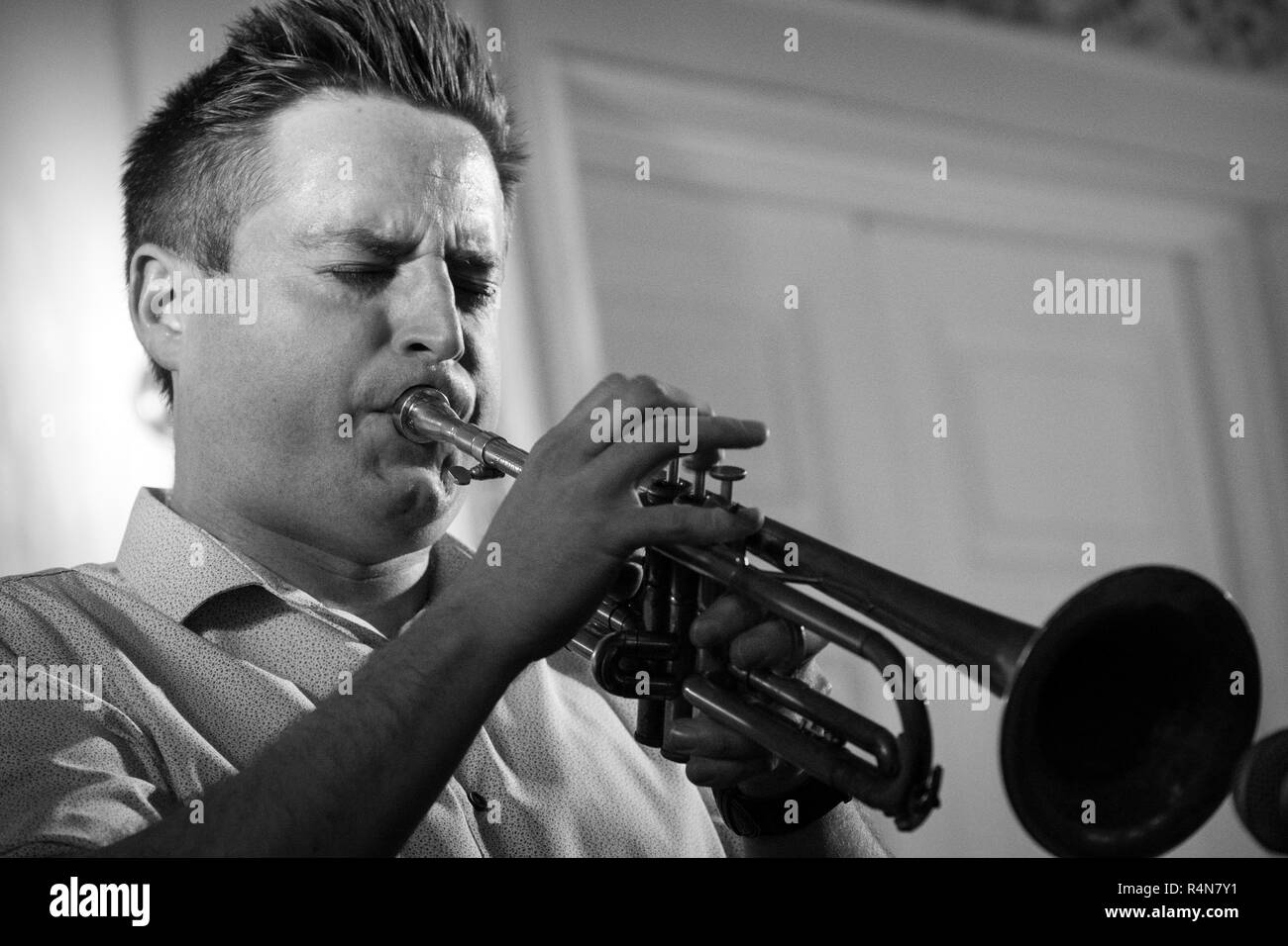 Nick Dewhurst soloing on trumpet with Dennis Rollins, Lichfield 2018 ...