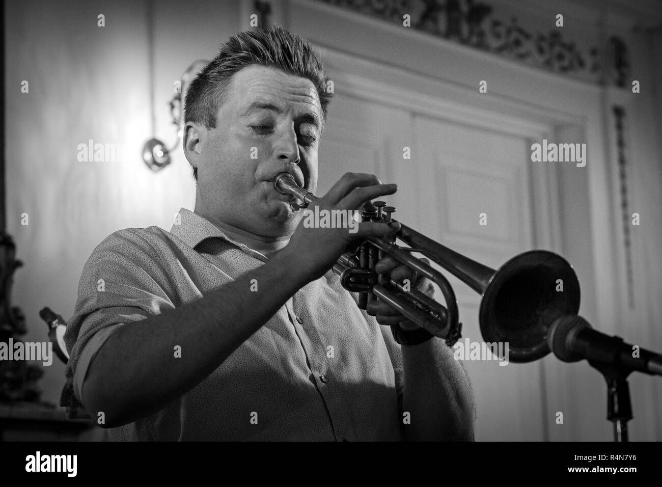 Nick Dewhurst soloing on trumpet with Dennis Rollins, Lichfield 2018 ...