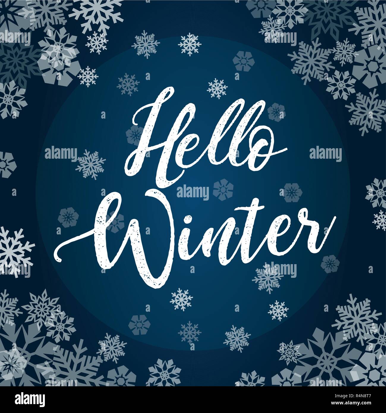 Hello Winter handlettering vector text om blue background with ...
