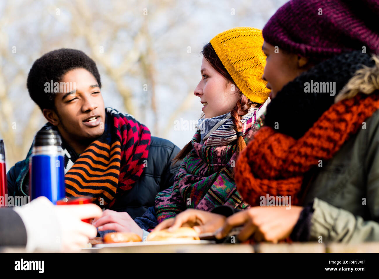 Young friends talking at picnic outdoors in the park Stock Photo - Alamy
