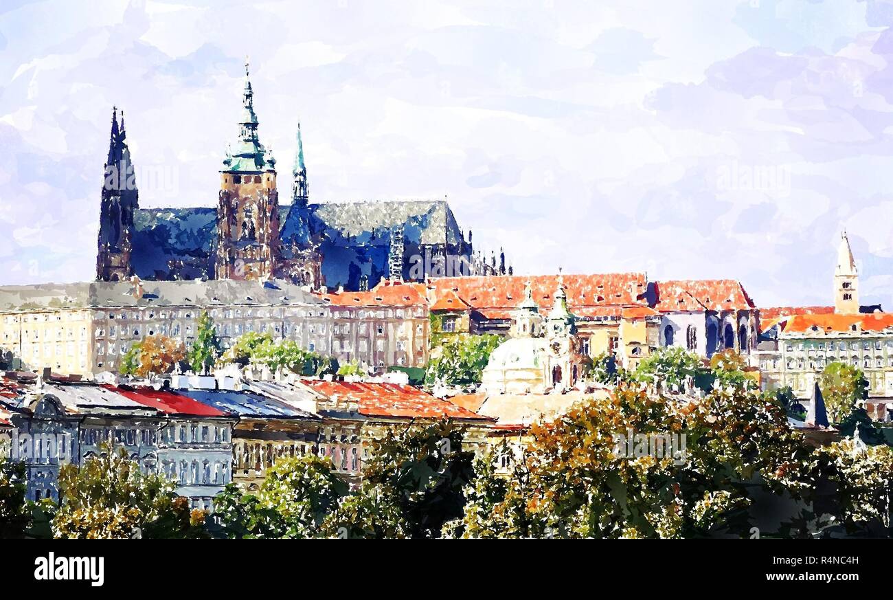 Watercolor Prague Castle painting Stock Photo - Alamy