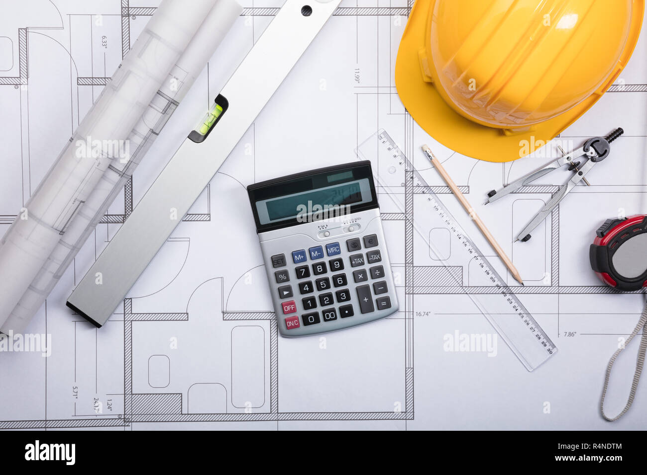 Architect's Workspace With Plans And Tools Stock Photo - Alamy