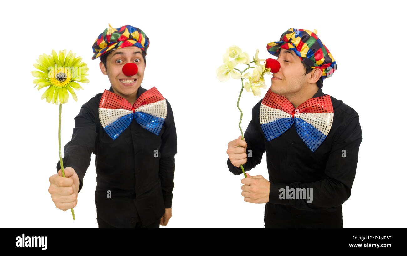 Funny clown with flowers isolated on white Stock Photo - Alamy