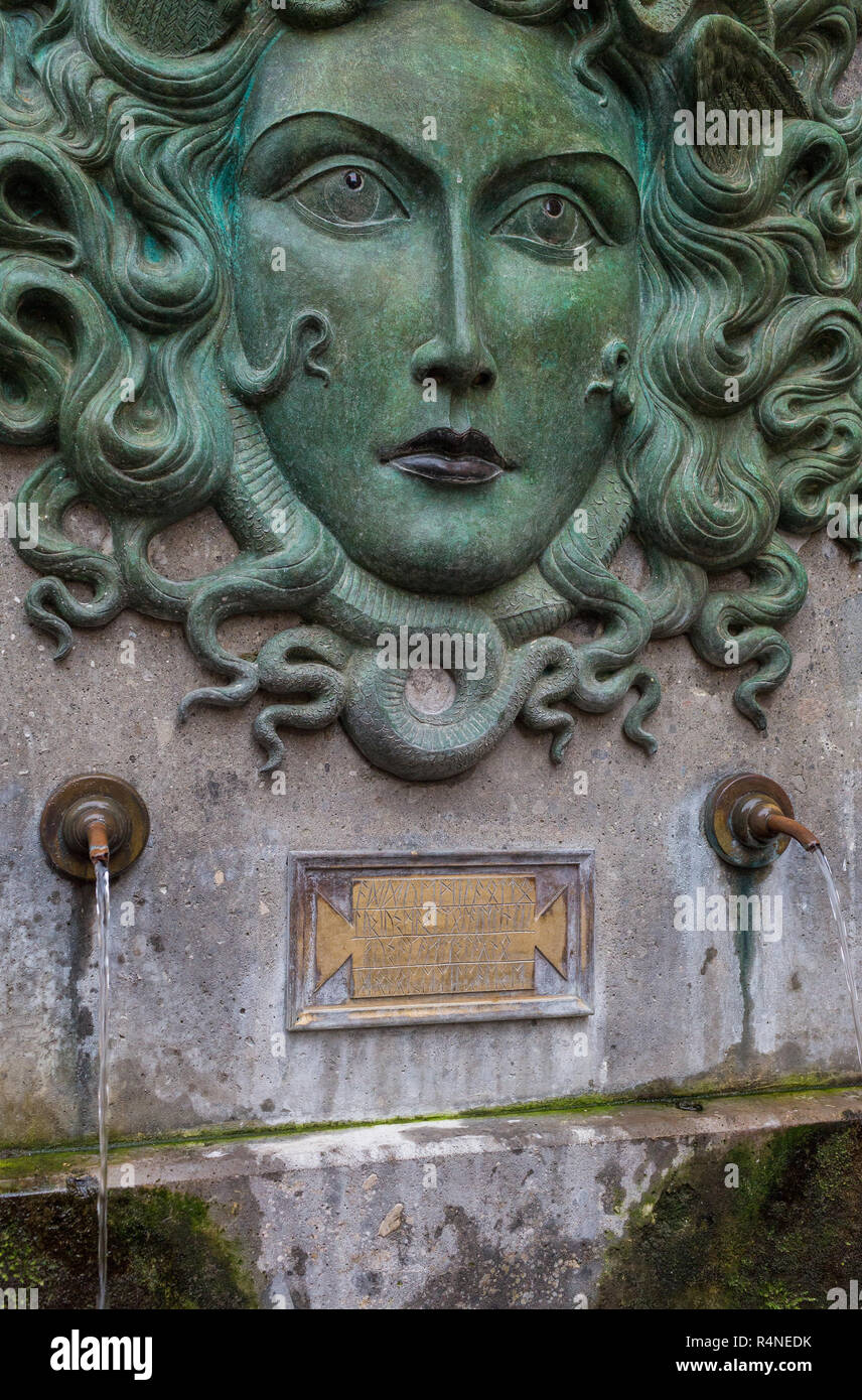 NEMI, ROMA, ITALY-SEPTEMBER 10, 2016. Beautiful fountain Medusa in Nemi ...