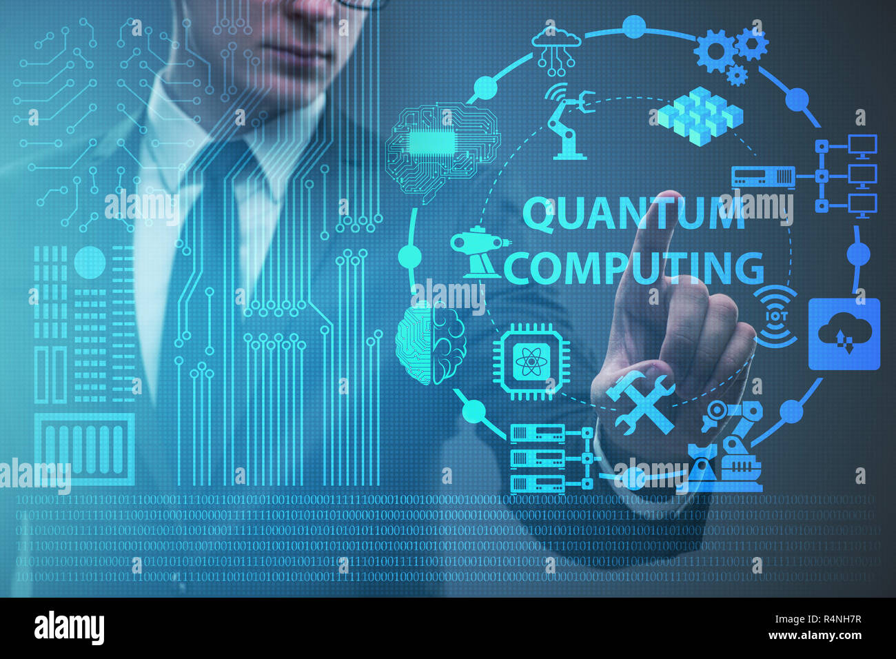 Businessman pressing virtual button in quantum computing concept Stock ...