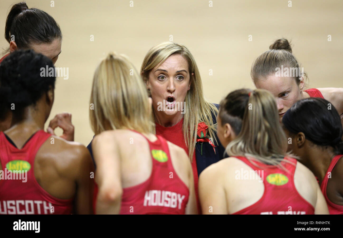 England Roses head coach Tracey Neville gives a team talk during the ...