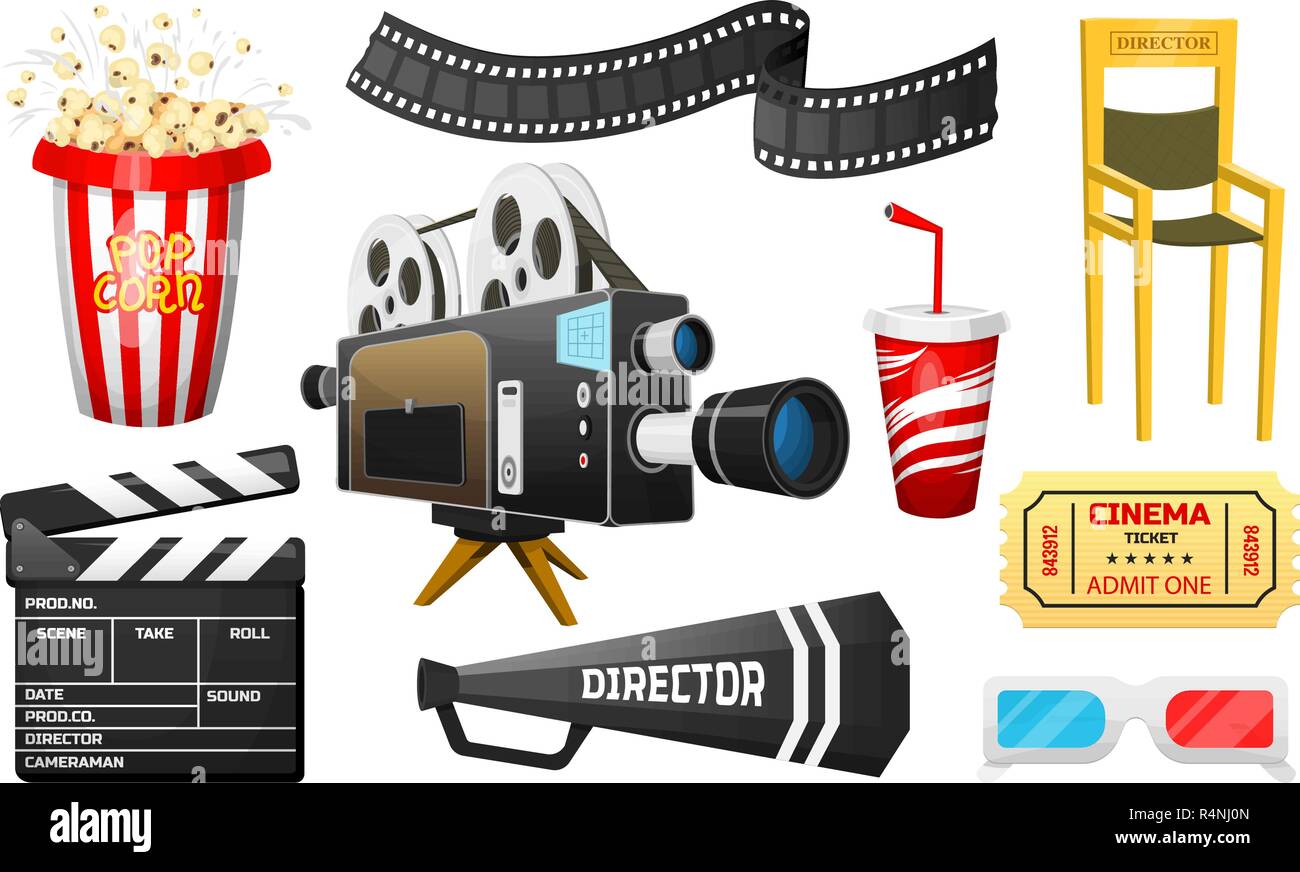 Movie elements set. Vintage online cinema, Popcorn and 3D Glasses ...