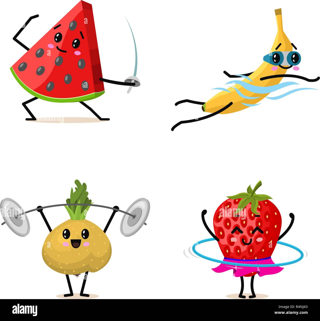 Sports fruit characters. Set of Cute healthy vegetables and funny ...