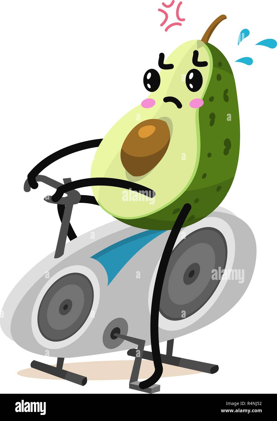 Sports fruit avocado character on a stationary bike. Cute healthy vegetable and funny sportsman ...