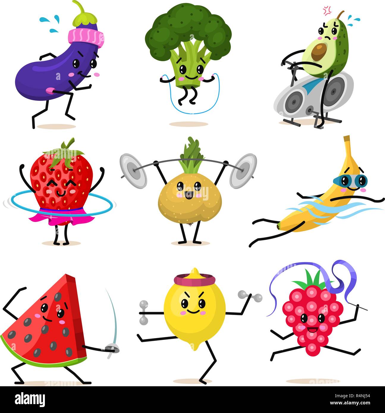 Sports fruit characters. Set of Cute healthy vegetables and funny face ...