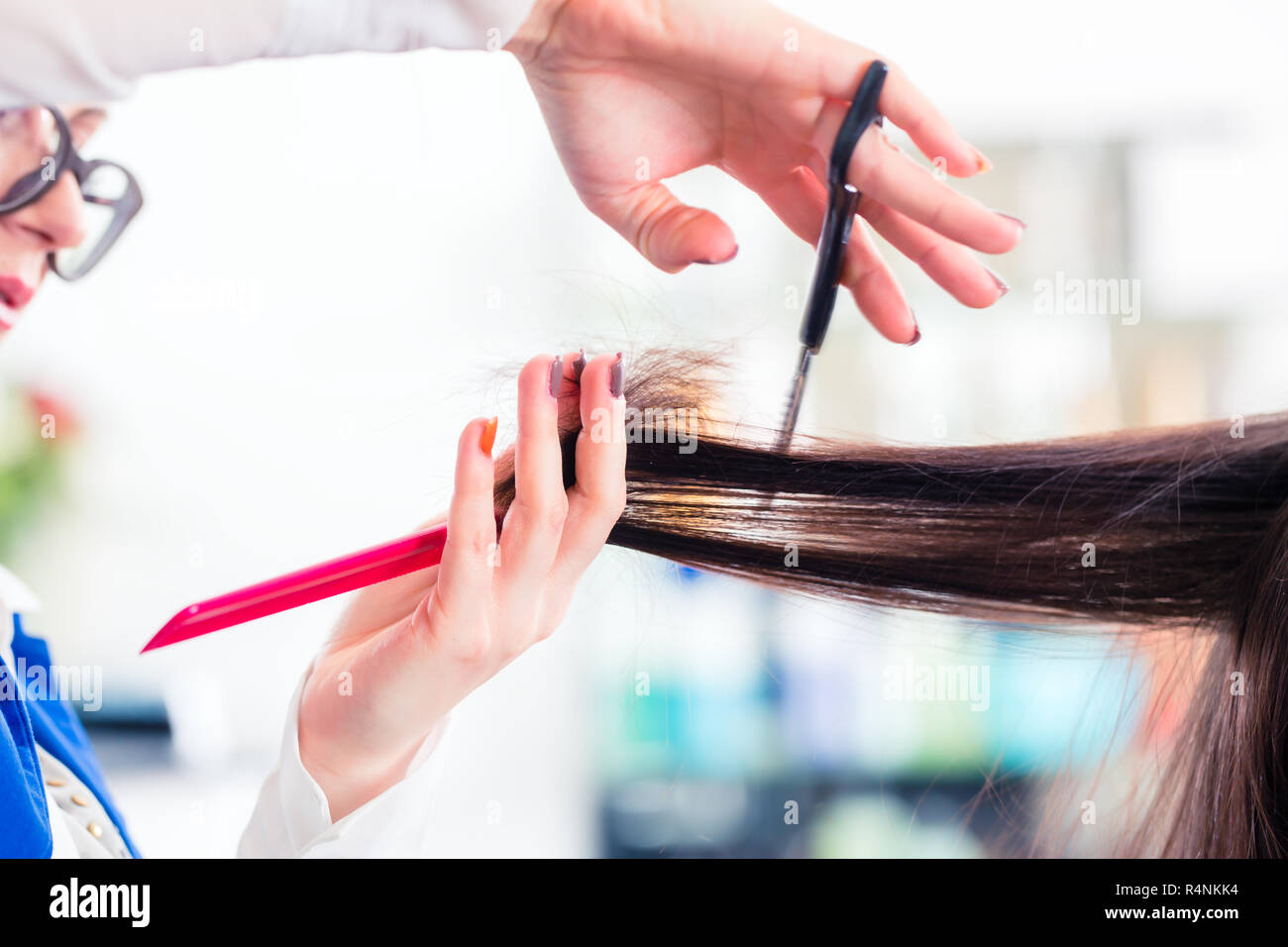 Haircutter combing cutting woman hair hi-res stock photography and ...