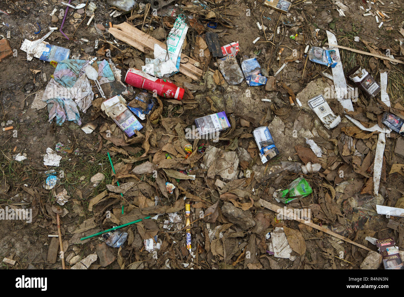 Tobacco packages, cigarette ends and other rubbish thrown out on the ...