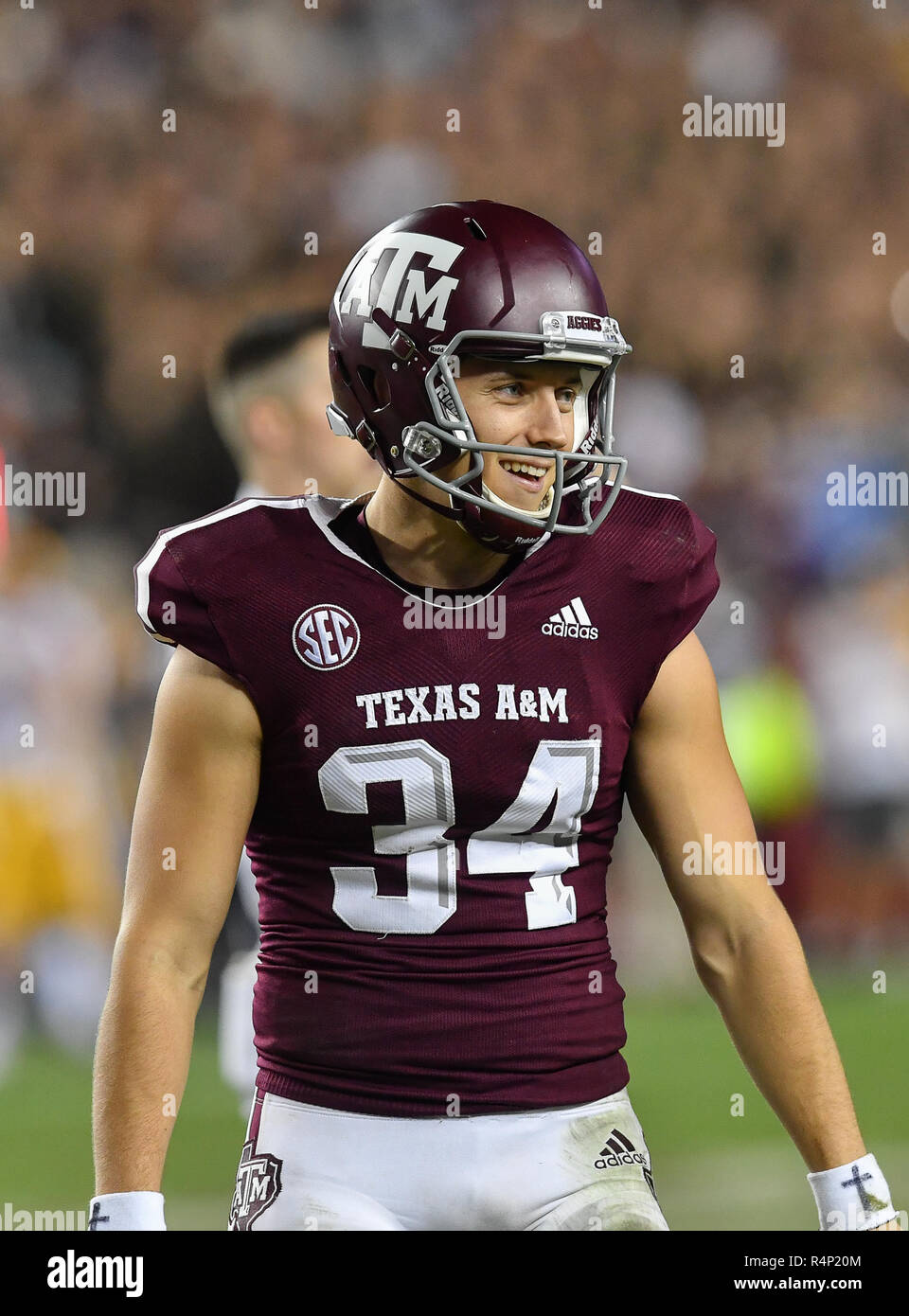 College Station, TX, USA. 24th Nov, 2018. Texas A&M punter, Braden Mann ...