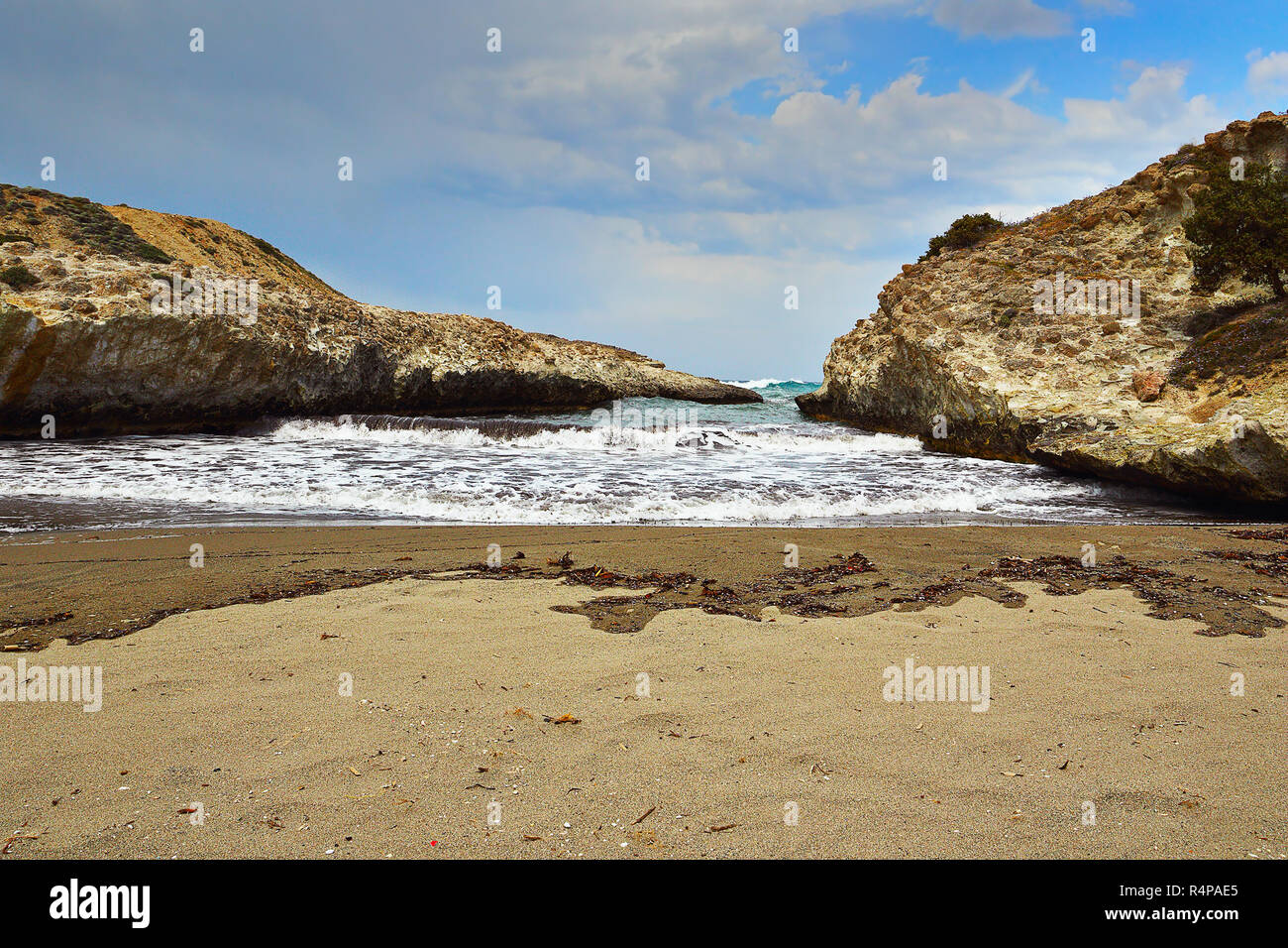 view of Sarakiniko beach in Milos island, Greece; this is one of the ...