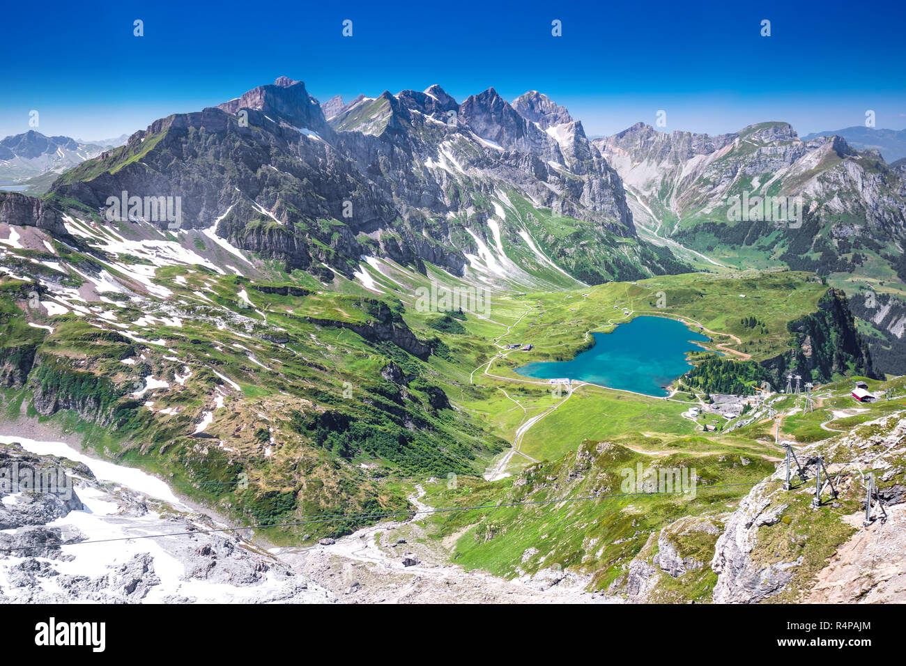 View of Truebsee and Swiss Alps from Titlis mountain. Truebsee is an ...