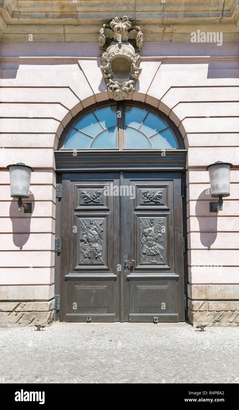 Zeughaus or Old Arsenal wooden door closeup. Now it is German ...