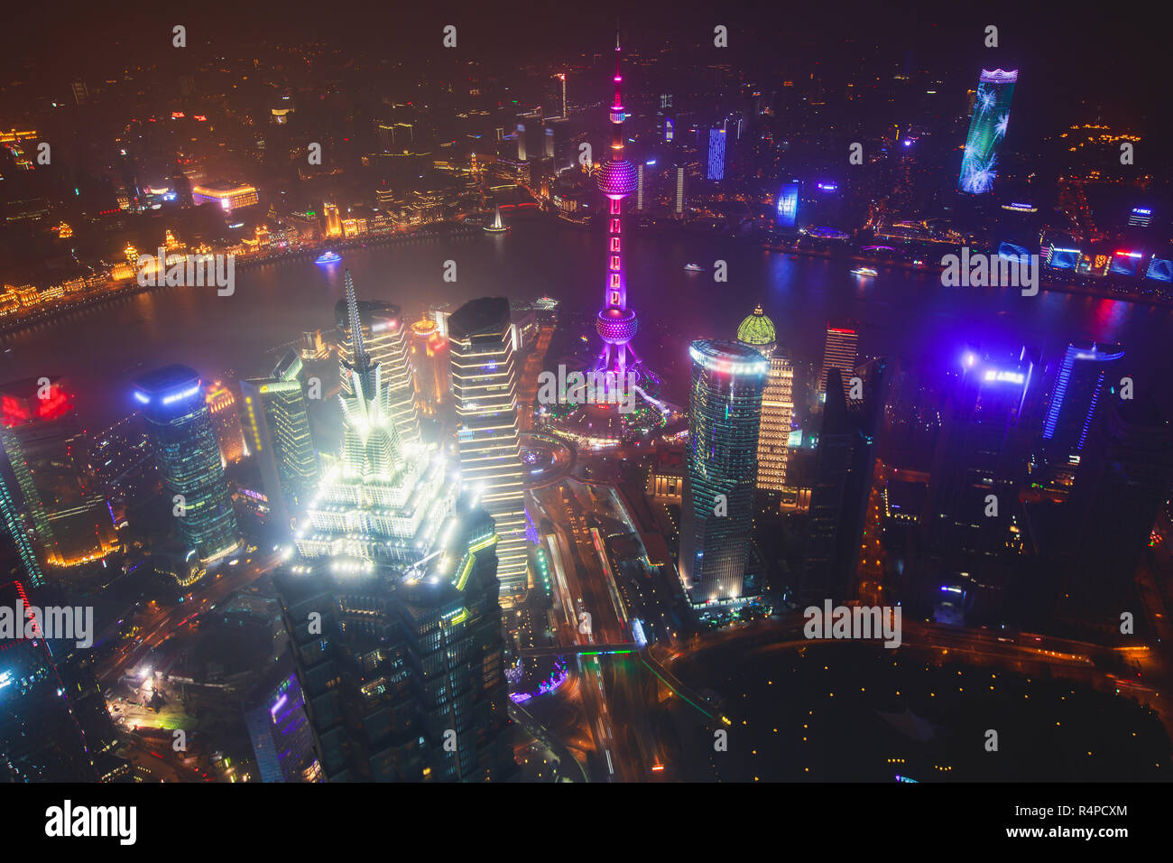 Beautiful super wide-angle night aerial view of Shanghai, China with ...