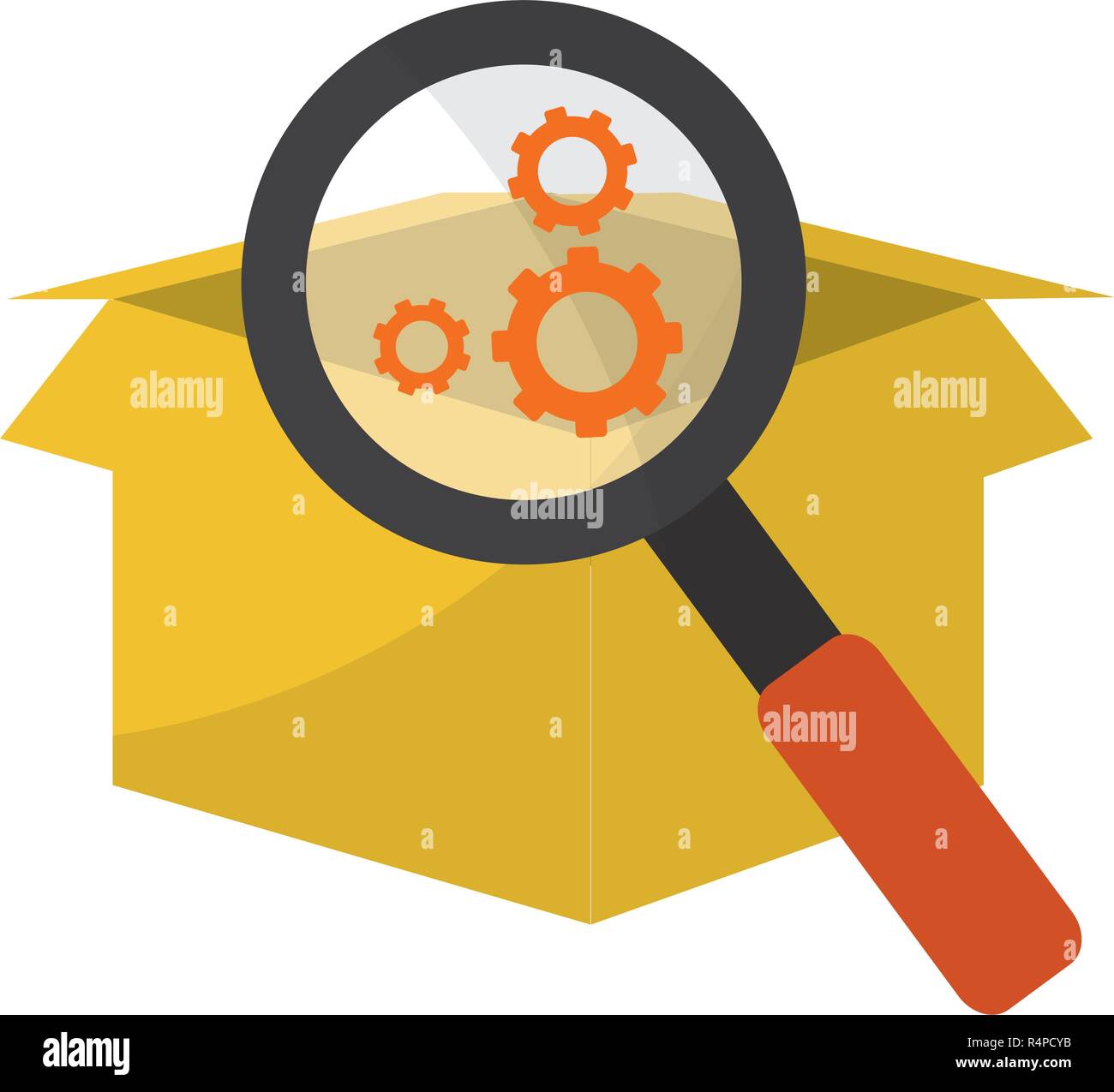 Box open with gears and magnifying glass symbols vector illustration ...