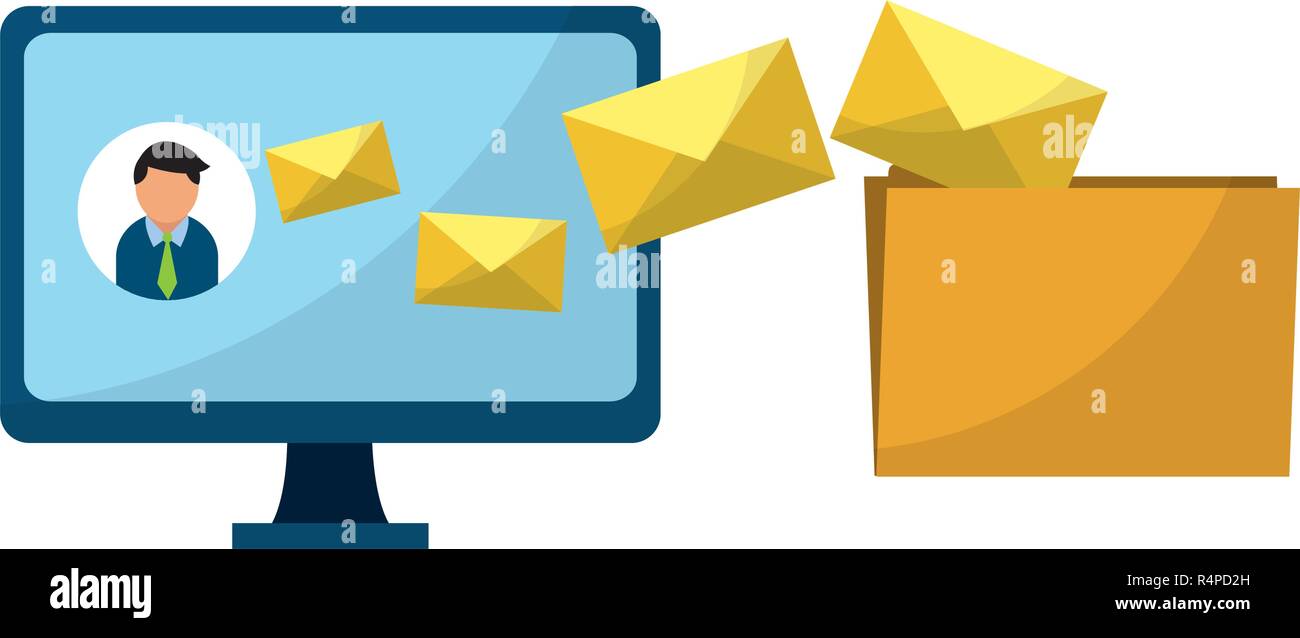 Businessman on computer sending emails to folder vector illustration ...
