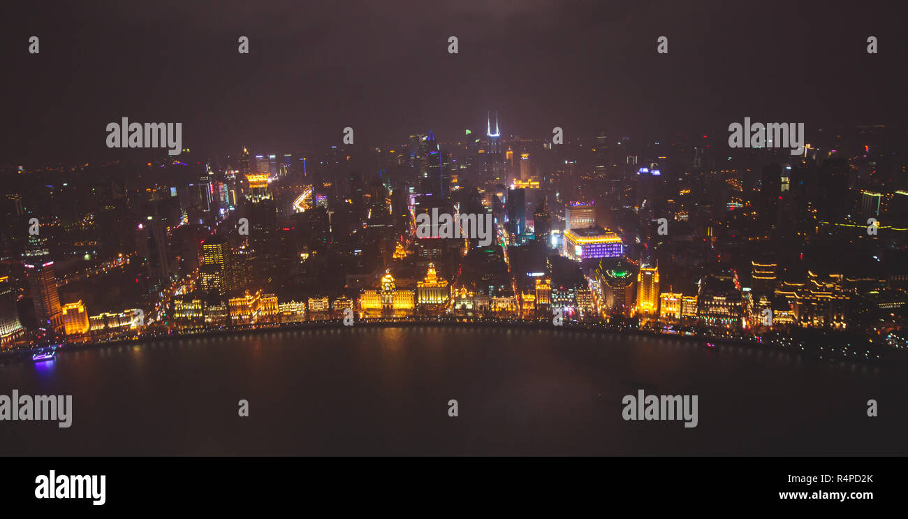 Beautiful super wide-angle night aerial view of Shanghai, China with ...