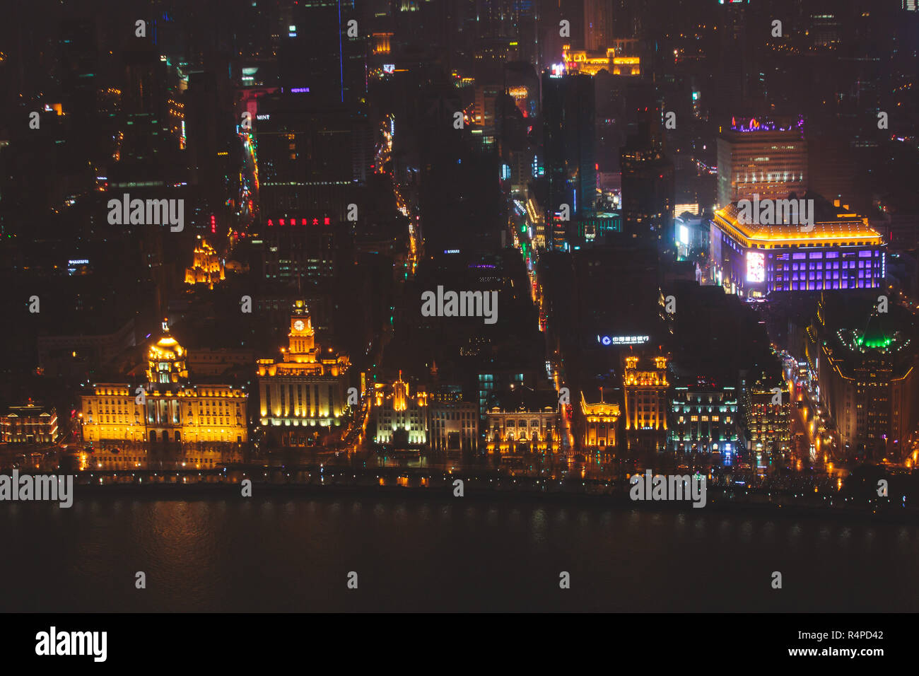 Beautiful super wide-angle night aerial view of Shanghai, China with ...
