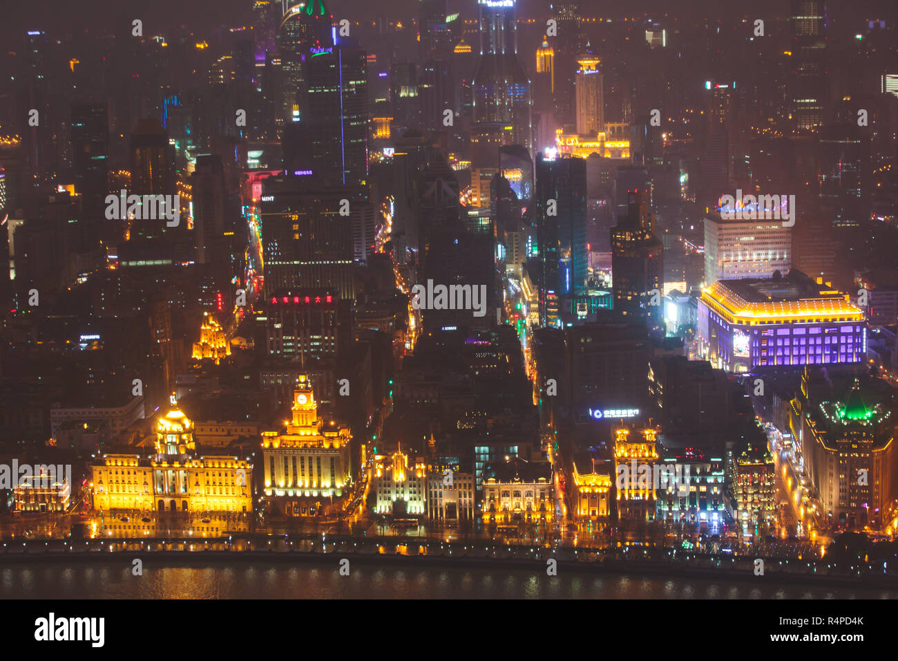 Beautiful super wide-angle night aerial view of Shanghai, China with ...