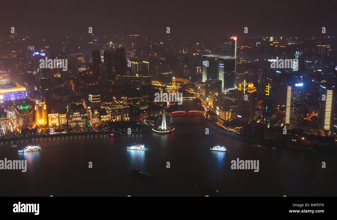 Beautiful super wide-angle night aerial view of Shanghai, China with ...