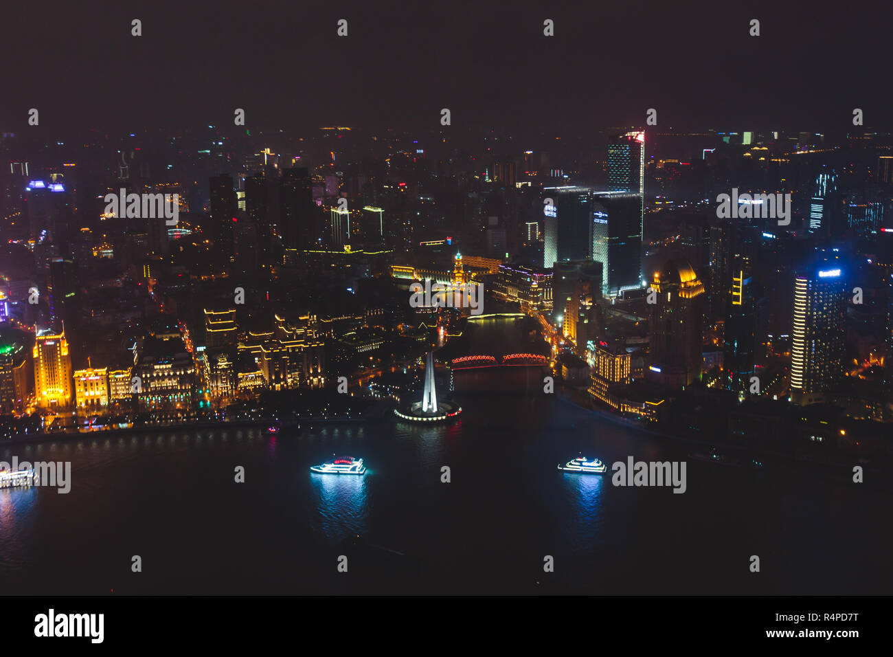 Beautiful super wide-angle night aerial view of Shanghai, China with ...