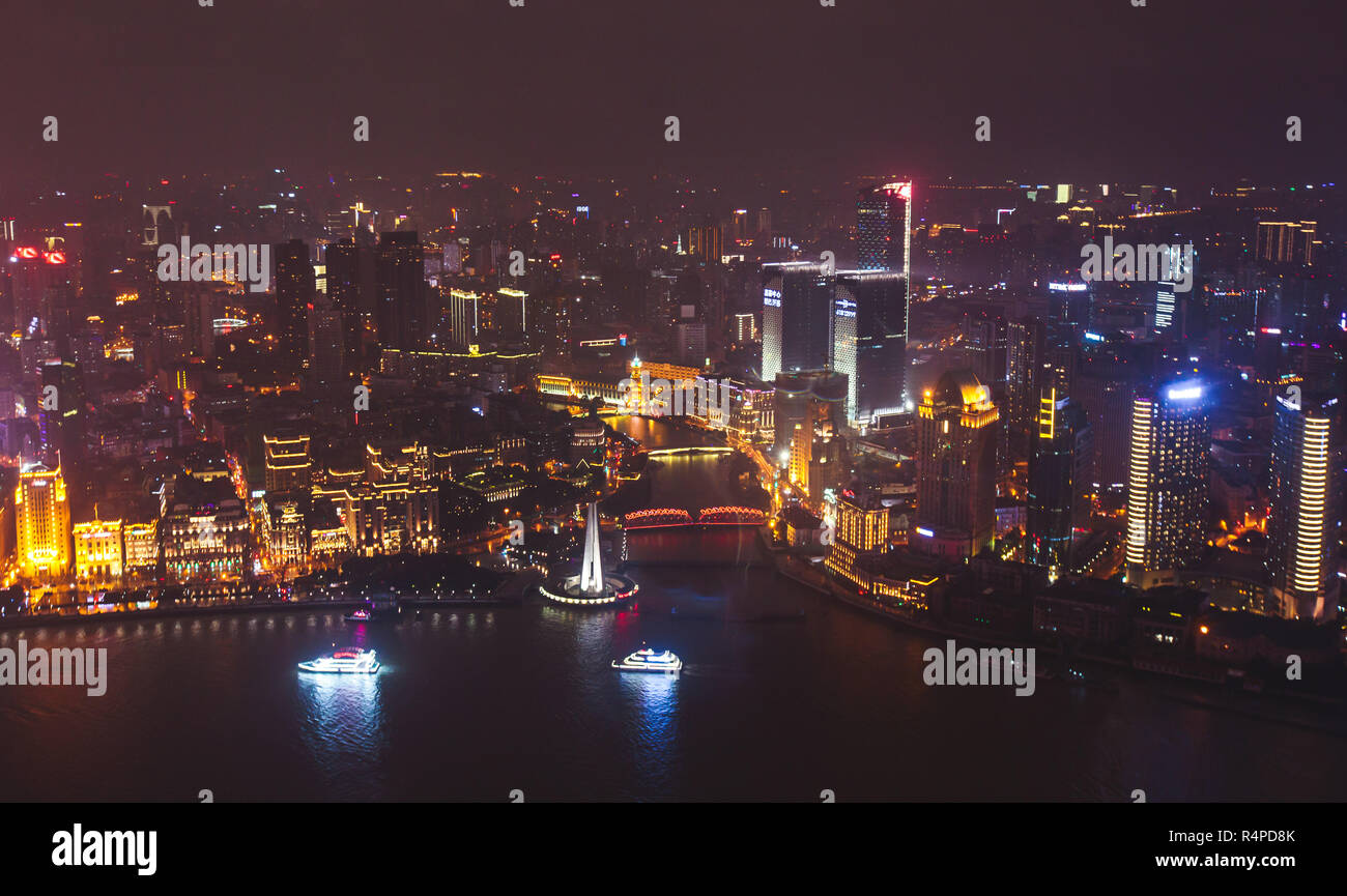 Beautiful super wide-angle night aerial view of Shanghai, China with ...