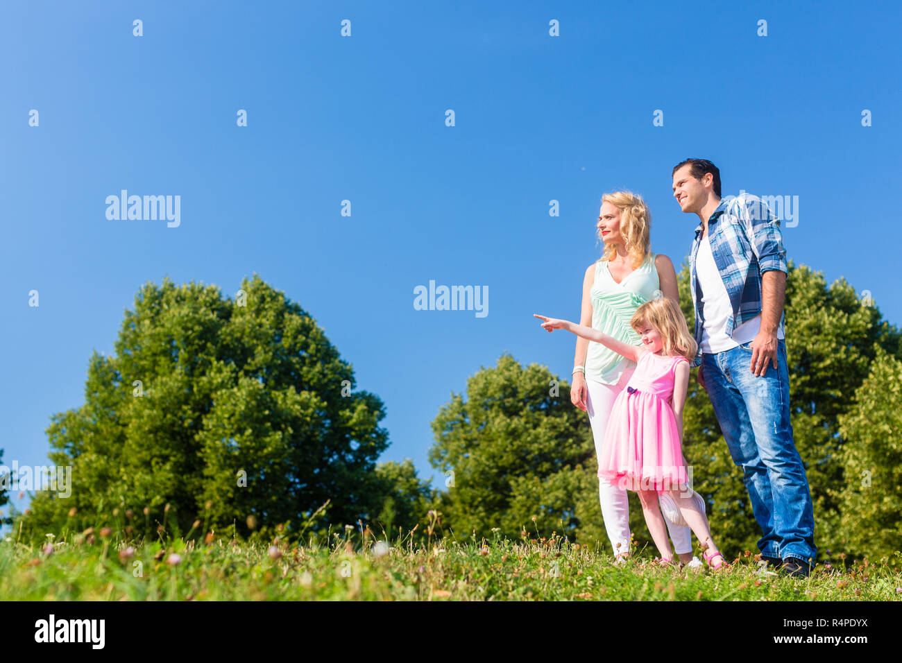 Young family on field, Dad pointing at something Stock Photo - Alamy