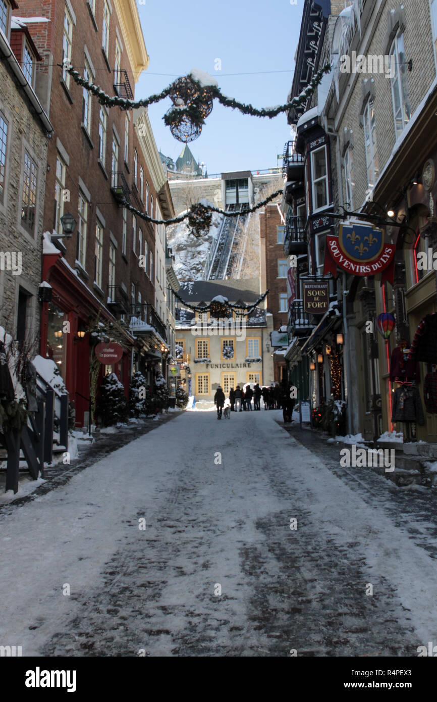 Old Quebec City in Canada, covered with snow decorated for the Holidays ...