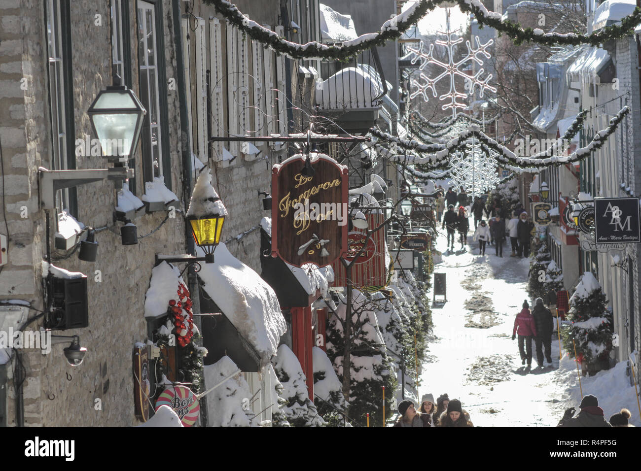 Old Quebec City in Canada, covered with snow decorated for the Holidays ...