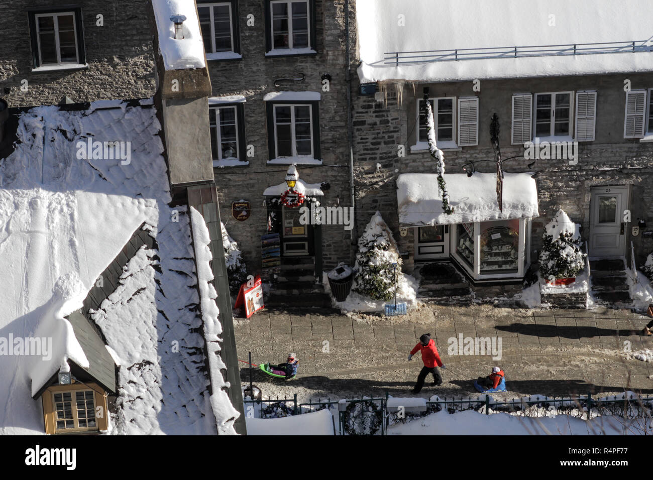 Old Quebec City in Canada, covered with snow decorated for the Holidays ...
