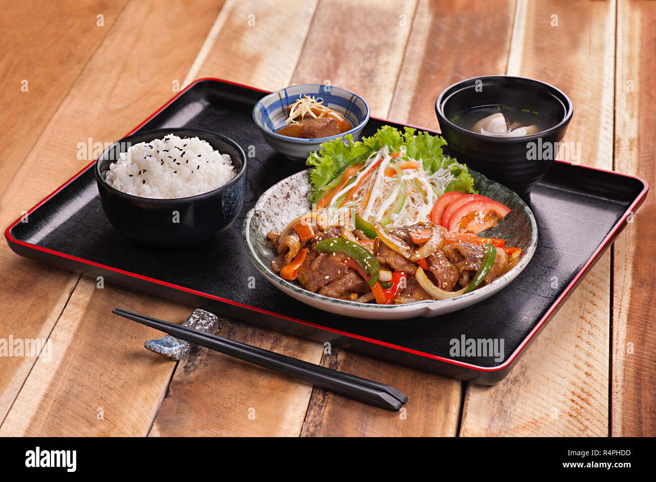 Japanese meal tray with rice, soup and sauteed beef with salad Stock ...