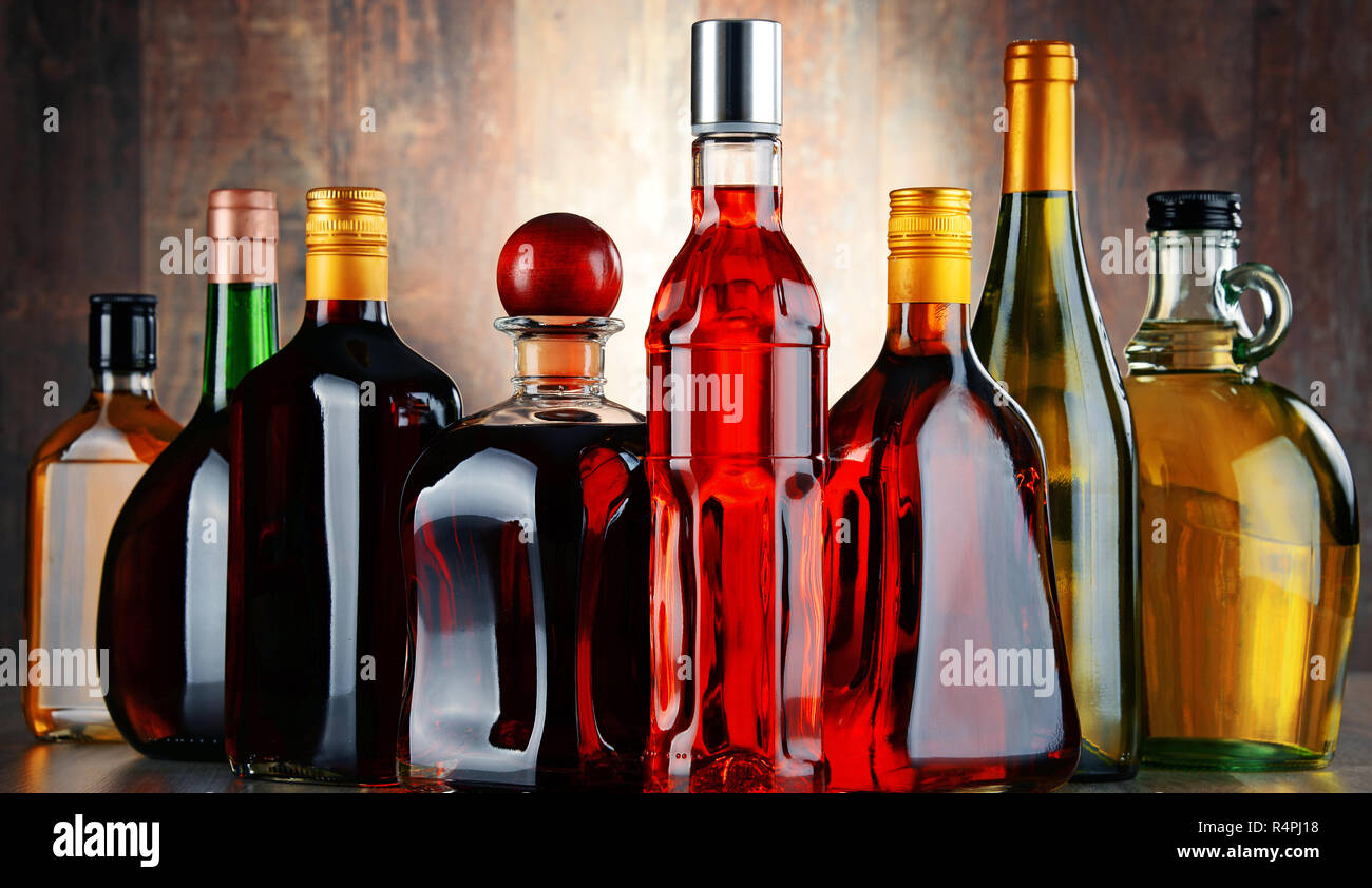 Bottles of assorted alcoholic beverages Stock Photo - Alamy