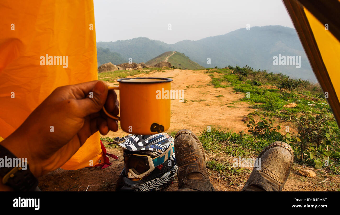 Drinking coffee in the Tent Stock Photo - Alamy