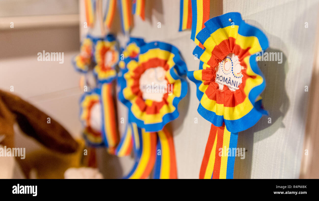 CLUJ-NAPOCA, ROMANIA - NOVEMBER 23, 2018: Romanian flag colors in form ...