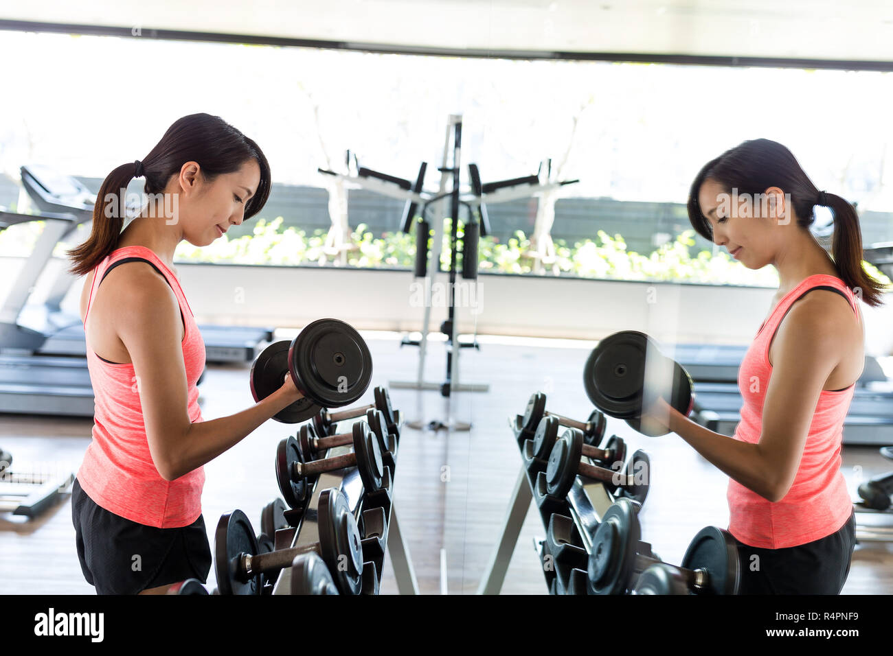Sport Woman practices weight lifting of the dumbbell in gym Stock Photo ...