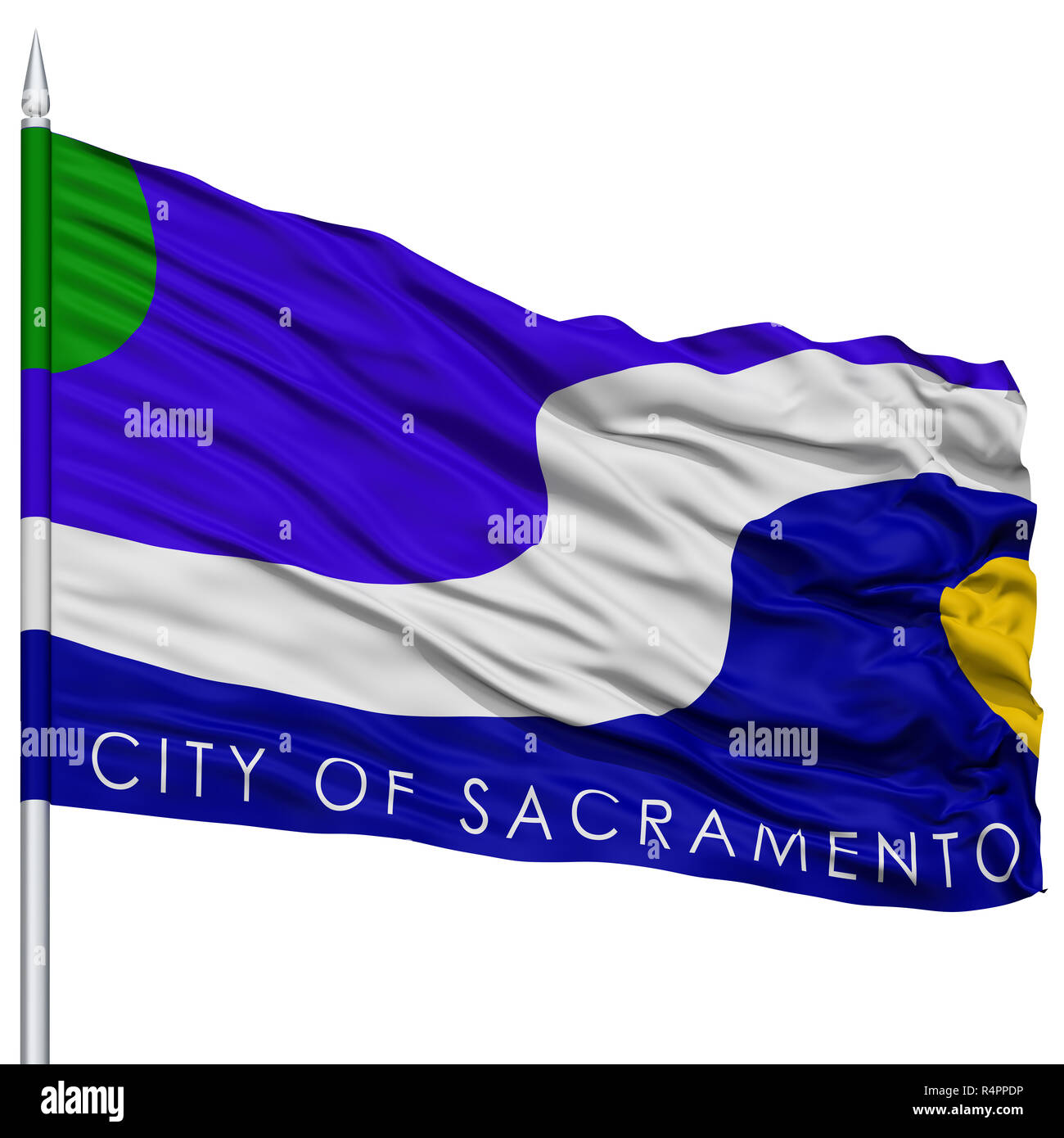 Sacramento Flag on Flagpole, Waving on White Background Stock Photo - Alamy