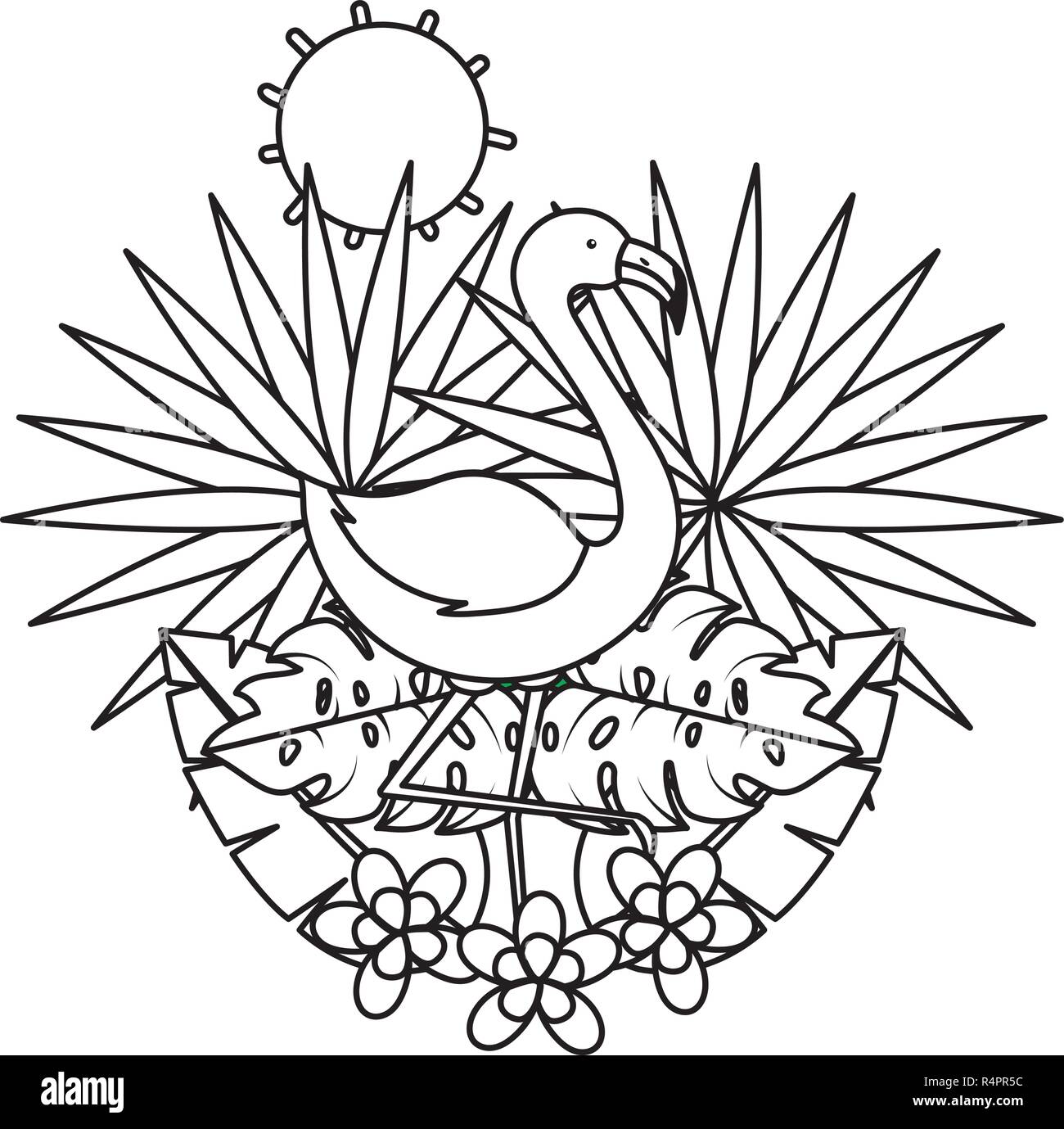 tropical summer pink flamingo with sun cartoon vector illustration ...