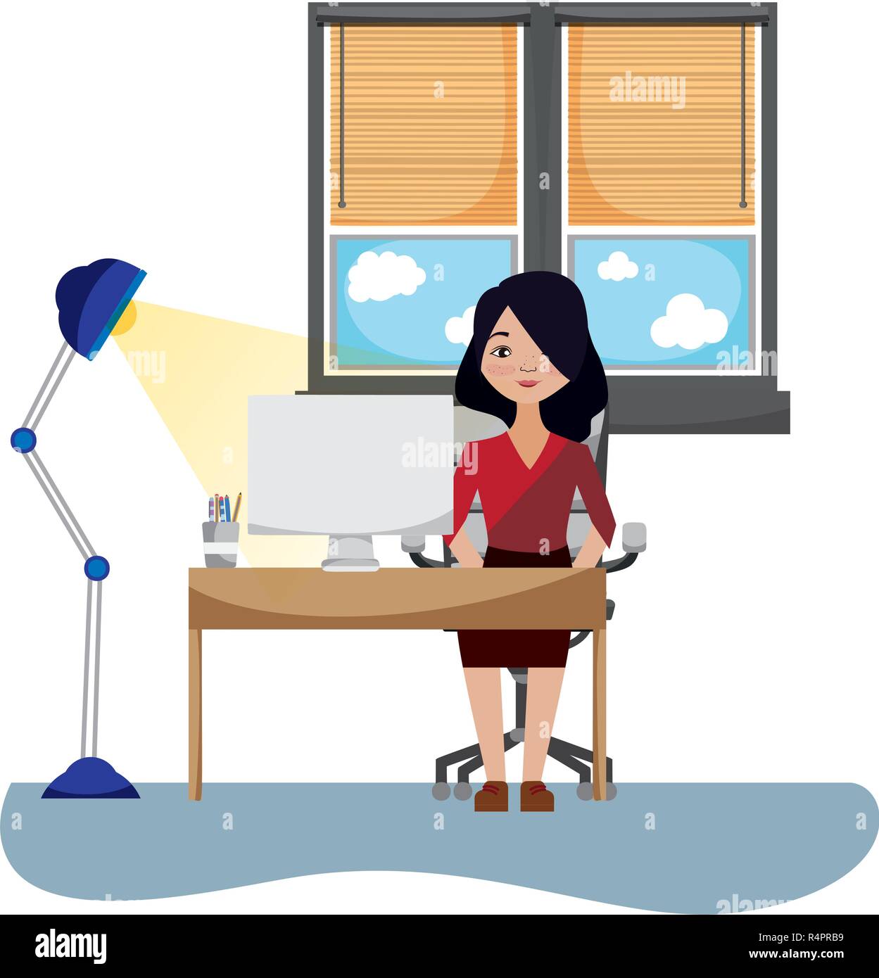Businesswoman working inside office scenery cartoon vector illustration ...