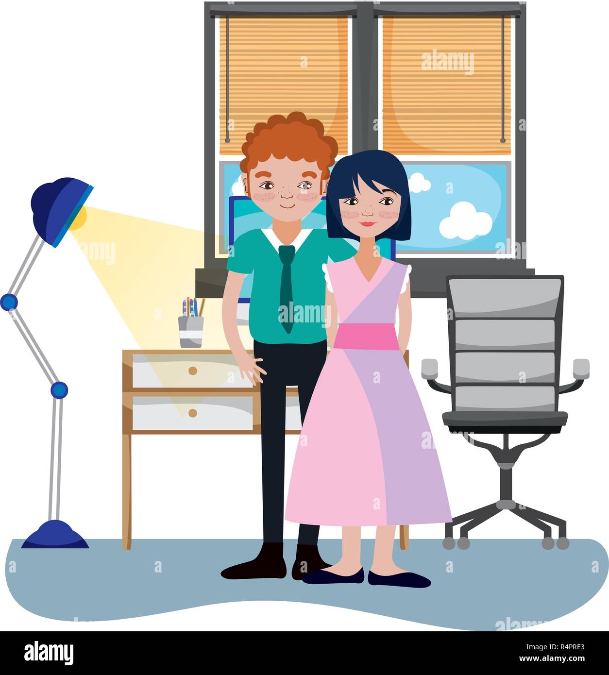 Couple woman and man smiling cartoon inside home apartment vector ...